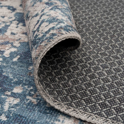 Blue Grey Distressed Abstract Washable Non Slip Runner Rug 60x240cm