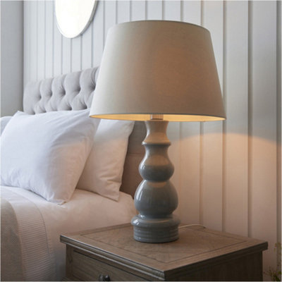 Blue Grey Glaze & Satin Nickel Plate Table Lamp - Ivory Linen Fabric ...
