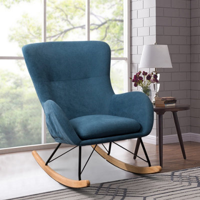 Buy Blue Linen Upholstered Rocking Chair with Pocket and Wood Runner ...
