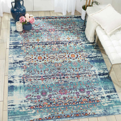 Blue Luxurious Traditional Floral Easy to Clean Rug for Living Room ...