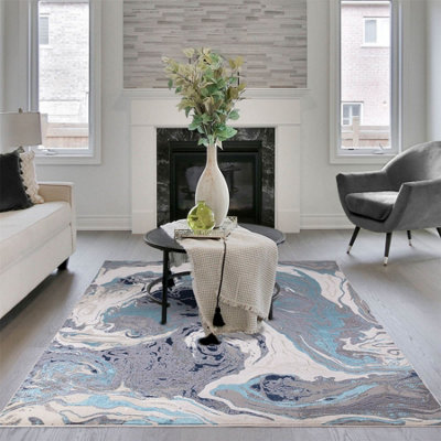 Blue Modern Abstract Optical/ (3D) Easy to Clean Rug For Dining Room ...