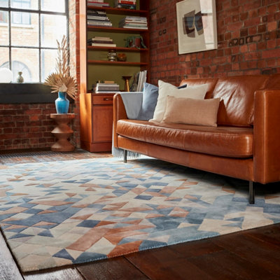 Blue Multi Geometric Handmade Modern Optical/ (3D) Rug Easy to clean ...