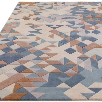 Blue Multi Geometric Handmade Modern Optical/ (3D) Rug Easy to clean ...