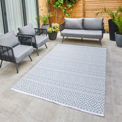Blue Outdoor Rug, Geometric Stain-Resistant Rug For Patio Decks, 3mm ...