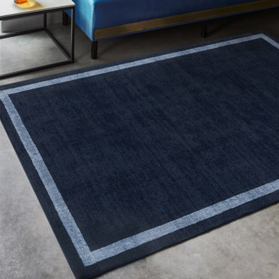 Blue Plain Handmade Bordered 7mm Thick Stain-Resistant Rug For Bedroom ...