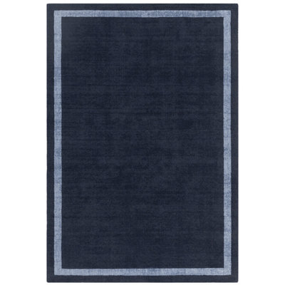 Blue Plain Handmade Bordered 7mm Thick Stain-Resistant Rug For Bedroom ...
