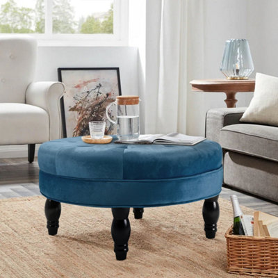Blue Round Velvet Tufted Buttoned Ottoman with Wood Legs | DIY at B&Q