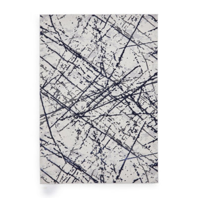 Blue Silver Abstract Marble Metallic Rug, 11mm Thick Stain-Resistant ...