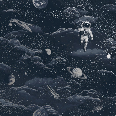 Blue Silver Space Wallpaper Metallic Astronauts Moon Stars Kids Feature ...
