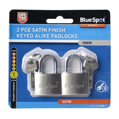 Blue Spot Tools - 2 Pce 30mm Satin Finish Keyed Alike Padlocks | DIY at B&Q