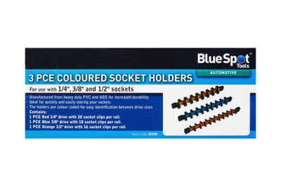 Blue Spot Tools - 3 PCE Coloured Socket Holders (54 Clips) (1/4"-3/8"-1 ...