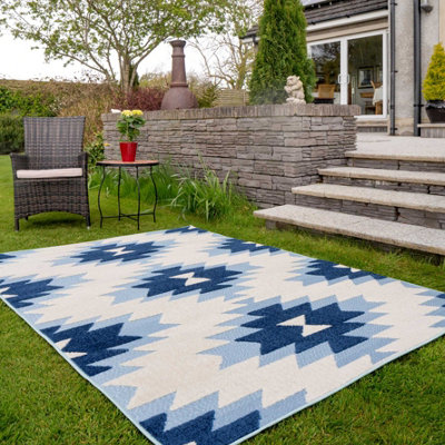 Blue Textured Tribal Geometric Weather-Resistant Outdoor Patio Area Rug ...