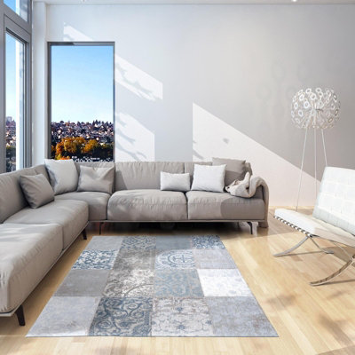 Blue Traditional Chequered Floral Wool Rug For Dining Room Bedroom ...