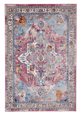 Blue Traditional Rug, 6mm Thick Bordered Rug, Blue Floral Rug for ...