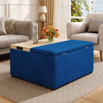 Blue Velvet Upholstered Storage Ottoman Footstool with Foldable Panel W ...