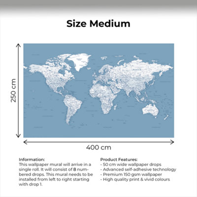 Buy Blue World Map Wallpaper Mural - Peel & Stick Wallpaper - Size ...