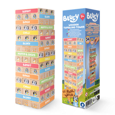 Bluey Tumbling Tower Game - 54 Colourful FSC-Certified Wooden Blocks ...