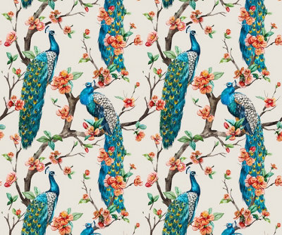 Bobbi Beck eco-friendly Beige peacock floral pattern wallpaper | DIY at B&Q