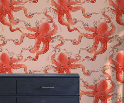 Buy Bobbi Beck eco-friendly red octopus pattern wallpaper | DIY at B&Q