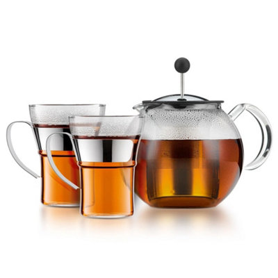 Bodum Assam Tea Press 1 Litre with Filter & 2 Glass Cup 350ml - Clear