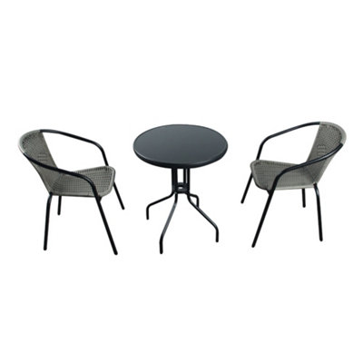 Bolero 2 Seat Grey Rattan Bistro Set Black Glass