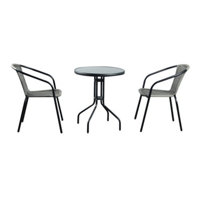 Bolero 2 Seat Grey Rattan Bistro Set Black Glass