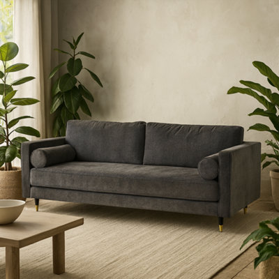 Bongola Grey Large 3-Seater Fabric Sofa with Deep Cushions and Modern ...