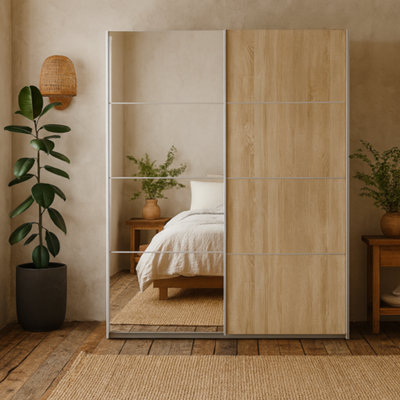 Bordeaux 180cm Sliding Double Wardrobe with Mirror and Oak Panels, 5 ...