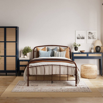 Bordeaux Blue Bedside Cabinet -Rattan Front Panels & Gold Accents with ...