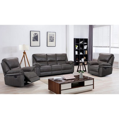 Boston Grey Fabric Large 3 Piece Sofa Suite Manual Reclining Armchairs ...