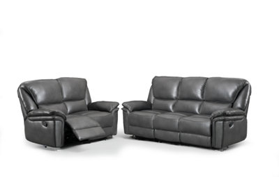 Boston Grey Leather Large Sofa Suite Manual Reclining Sofa Set 3 + 2 ...