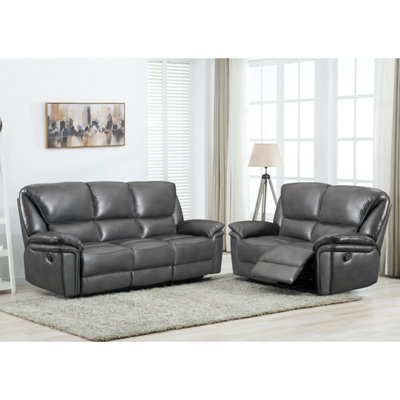 Boston Grey Leather Large Sofa Suite Manual Reclining Sofa Set 3 + 2 ...