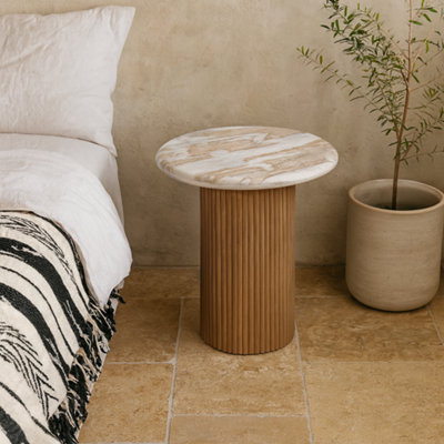 Boston Natural Oak Side Table with Brown Marble Top
