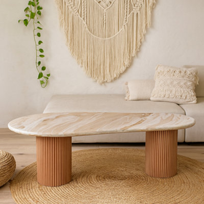 Boston Oval Oak Pedestal Coffee Table with Brown Marble Top, 1200 x 400 mm