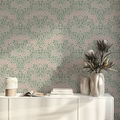 Botanical Damask Wallpaper Sage Green / Pink World of Wallpaper AF0037