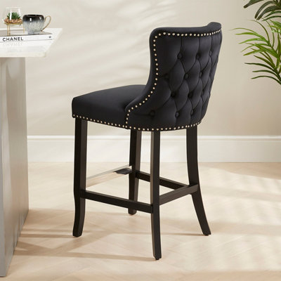 Boudoir Black Velvet Button Back Kitchen Counter Bar Stool Wing Back ...