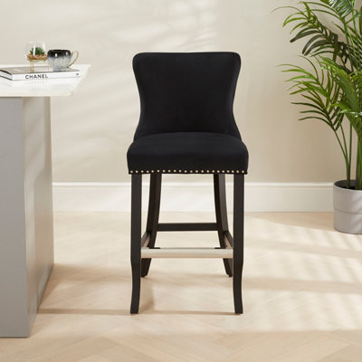 Boudoir Black Velvet Button Back Kitchen Counter Bar Stool Wing Back ...