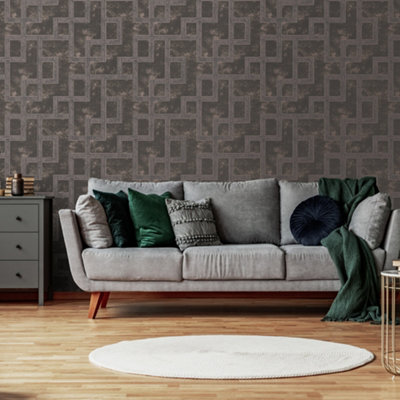 Boutique Gilded Greek Key Smokey Geometric Wallpaper | DIY at B&Q