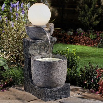 Bowl Cascading Water Feature with Globe Light, Outdoors, Self-Contained ...