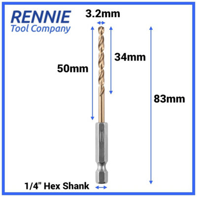Box of 10 x 3.2mm Hex Shank HSS Gold Cobalt Jobber Drill Bit Set For ...