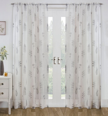 Bracken Grey Leaf Print Linen-Look Voile Panel - Pair 140 x 122 cm (55x48")