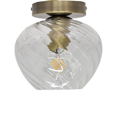 BRADSON - CLEAR SWIRL GLASS ANTIQUE BRASS CEILING LIGHT FITTING