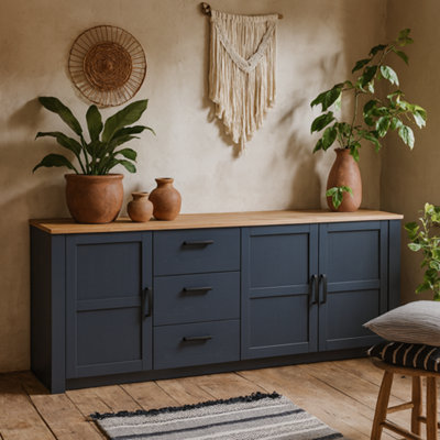Bramblecroft Large Navy Sideboard with Natural Oak Top 3 Door 3 Drawer