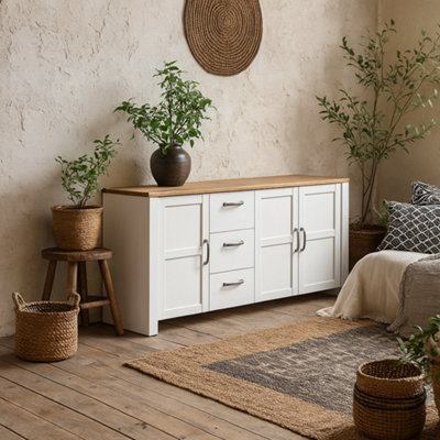 Bramblecroft Large Sideboard, White Body with Natural Oak Top, 3 Doors ...