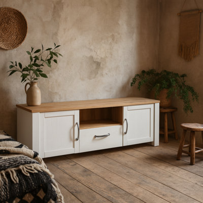Bramblecroft TV Unit, White Body with Natural Oak Top, 2 Doors and 1 Drawer