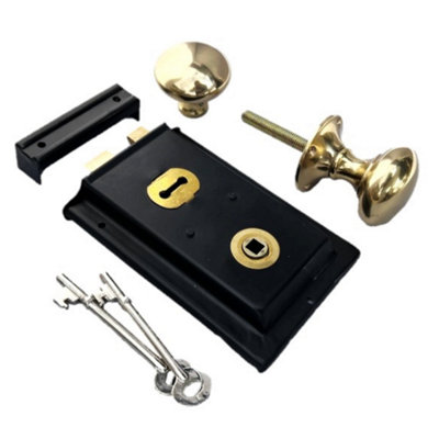 Brass Black Fluted Rim Lock and Door Knob Old Vintage Victorian Style