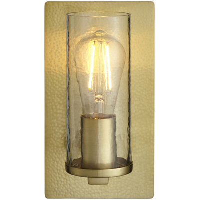 Brass Hammered Dimmable Wall Light - Clear Textured Round Glass Shade ...