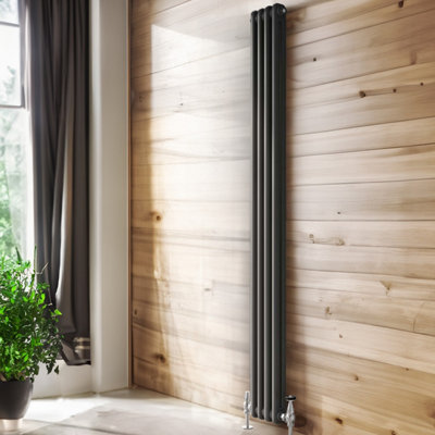 Braxton Grey Double Vertical Column Radiator - 1800x200mm | DIY at B&Q