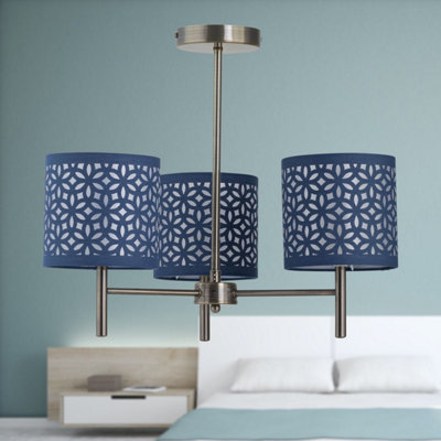 Brea - Antique Brass 3 Light Fitting with Navy Blue Cut Out Shades