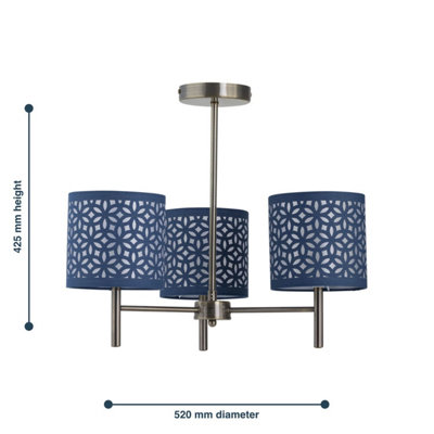 Brea - Antique Brass 3 Light Fitting with Navy Blue Cut Out Shades